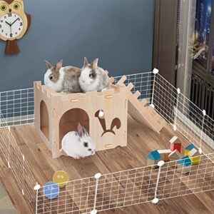 YUEPET Extra Large Wooden Rabbit Castle Bunny Play House Detachable Small Animal Hideout Handmade Hut for Indoor Adult Rabbit Guinea Pig Chinchilla Habitat