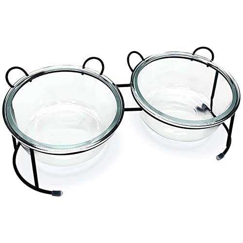 BNOSDM Elevated Cat Bowls, Glass Raised Pet Bowl, 12° Tilted Double Dishes Set for Food and Water, Transparent Kitty Feeding Station with Gold Iron Stand for Indoor and Outdoor Kitten