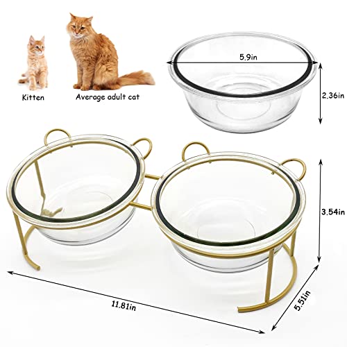 BNOSDM Elevated Cat Bowls, Glass Raised Pet Bowl, 12° Tilted Double Dishes Set for Food and Water, Transparent Kitty Feeding Station with Gold Iron Stand for Indoor and Outdoor Kitten