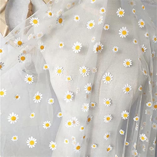 59" Width Tulle Lace Fabric Daisy Flower Print Fabric for for DIY Dress Costume Design Accessories Flower Girl Women Gown Wedding Dress Home Decor (3 Yard, White)