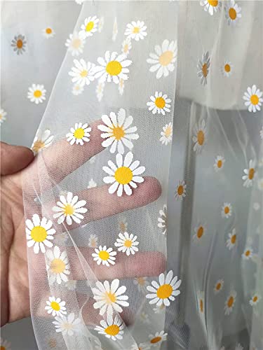 59" Width Tulle Lace Fabric Daisy Flower Print Fabric for for DIY Dress Costume Design Accessories Flower Girl Women Gown Wedding Dress Home Decor (3 Yard, White)