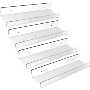 Dino74 Thick Clear Acrylic Floating Shelves – Set of 4 Invisible Spice Lip Shelf, Wall Mounted Bathroom Storage, Nursery Kids Bookshelf, Toys Display, Room Décor for Living Room, Bedroom