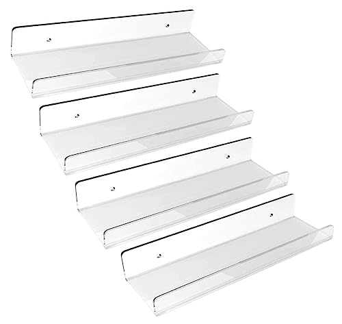 Dino74 Thick Clear Acrylic Floating Shelves – Set of 4 Invisible Spice Lip Shelf, Wall Mounted Bathroom Storage, Nursery Kids Bookshelf, Toys Display, Room Décor for Living Room, Bedroom