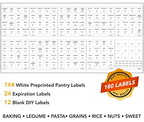 180 Kitchen Pantry Labels for Food Storage Containers, Preprinted Minimalist Food Labels for Jars, Waterproof Black Script Jar Label Stickers for Organization and Storage