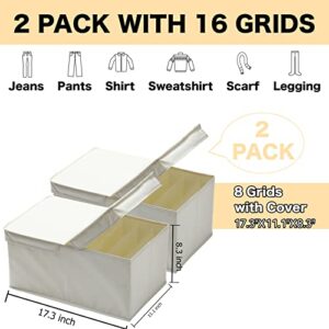 2Pcs Closet Wardrobe Clothes Organizer with Cover for Folded Clothes with Support Board, 8 Grids Drawer Organizers for Clothing Jeans Pants Scarf Leggings Organizer for Closet Organization (Beige)