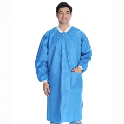 Greenour Disposable Lab Coat Blue Pack of 10 SMS with Pockets for Adult Knitted Collar and Cuffs Breathable Fluid Resistant（X-Large