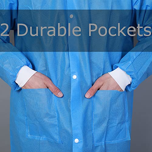 Greenour Disposable Lab Coat Blue Pack of 10 SMS with Pockets for Adult Knitted Collar and Cuffs Breathable Fluid Resistant（X-Large