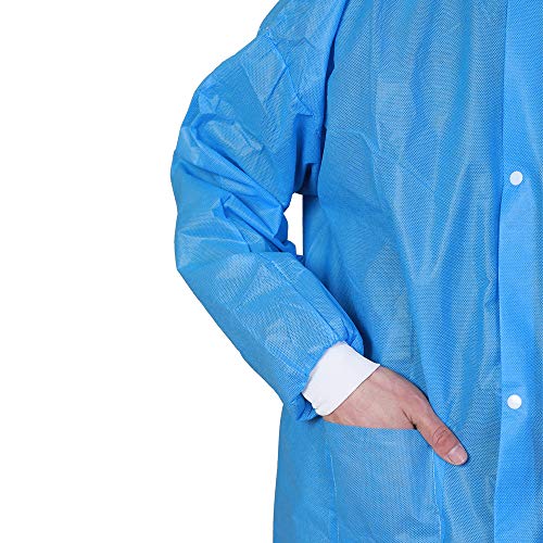 Greenour Disposable Lab Coat Blue Pack of 10 SMS with Pockets for Adult Knitted Collar and Cuffs Breathable Fluid Resistant（X-Large