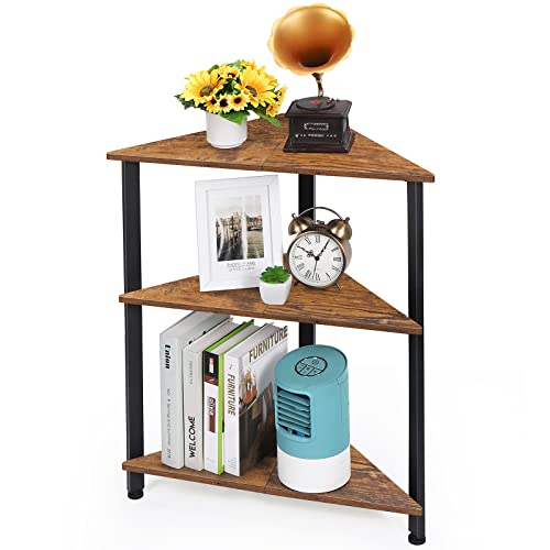 melos Corner Shelf, 3 Tier Corner Bookshelf Bookcase, Freestanding Corner Shelf Stand, for Bedroom, Living Room, Bathroom, Entryway, Office, Kitchen, Small Space(16"/Lx16/W x 28.5"/H-Rustic Brown)