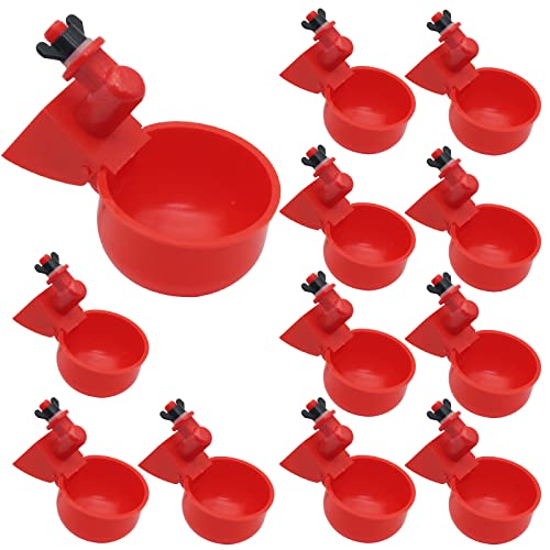 12 Pcs Chicken Waterer Cups Automatic Poultry Drinking Bowl Feeder, 1/8 Inch Thread Auto-Fill Drinking Bowl for Chicken Duck Turkey Bird Rabbit (Red)