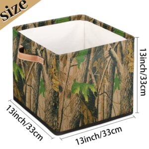 Forest Leaves Camouflage Camo 13x13x13 Inch Large Fabric Storage Cubes, Collapsible Cube Storage Bins Organizer Boxes with Leather Handles Cube Baskets for Organizing Closet Shelves