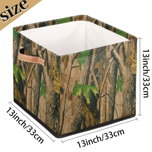 Forest Leaves Camouflage Camo 13x13x13 Inch Large Fabric Storage Cubes, Collapsible Cube Storage Bins Organizer Boxes with Leather Handles Cube Baskets for Organizing Closet Shelves