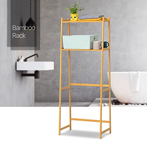 MoNiBloom 2-Tier Bamboo Over The Toilet Storage Rack with Hooks Freestanding Bathroom Space Saver Corner Stand Storage Organizer, Natural