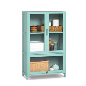 monibloom bamboo storage cabinet with doors 3 tier bamboo sideboard floor standing cupboard display shelf for dining room kitchen living room, green