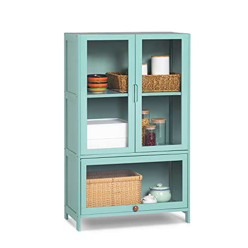 MoNiBloom Bamboo Storage Cabinet with Doors 3 Tier Bamboo Sideboard Floor Standing Cupboard Display Shelf for Dining Room Kitchen Living Room, Green