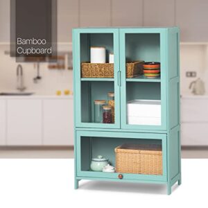 MoNiBloom Bamboo Storage Cabinet with Doors 3 Tier Bamboo Sideboard Floor Standing Cupboard Display Shelf for Dining Room Kitchen Living Room, Green