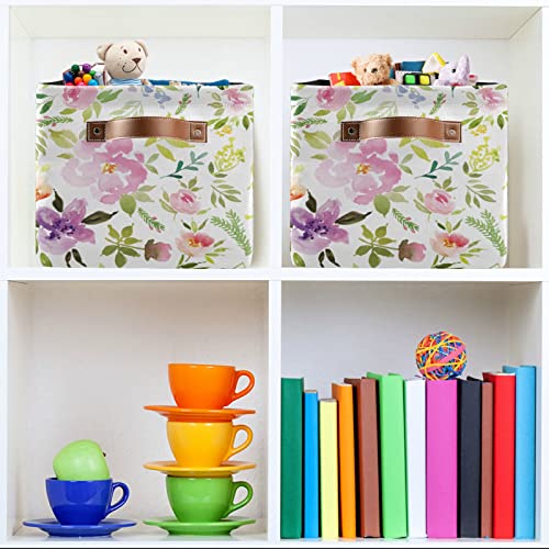 Fresh Purple Floral Storage Baskets Large Foldable Storage Bin Canvas Toys Box Fabric Decorative Collapsible Organizer Bag with Handles 2 Pcs