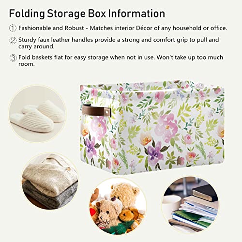 Fresh Purple Floral Storage Baskets Large Foldable Storage Bin Canvas Toys Box Fabric Decorative Collapsible Organizer Bag with Handles 2 Pcs