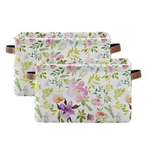 Fresh Purple Floral Storage Baskets Large Foldable Storage Bin Canvas Toys Box Fabric Decorative Collapsible Organizer Bag with Handles 2 Pcs