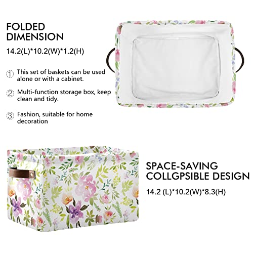 Fresh Purple Floral Storage Baskets Large Foldable Storage Bin Canvas Toys Box Fabric Decorative Collapsible Organizer Bag with Handles 2 Pcs