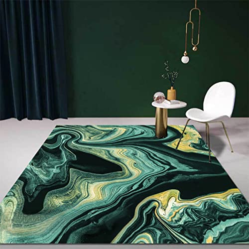 Abstract Liquid Styled Emerald Green Gold 6x8 Area Rug for Living Room Contemporary Art Decor Dining Room Playroom Carpet Soft Washable Home Office Entryway Runner Rugs