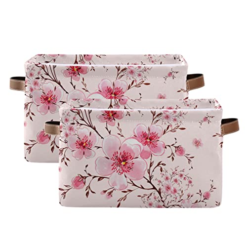 Cherry Blossom Basket Large Foldable Storage Bin Pink Flowers Canvas Toys Box Fabric Decorative Collapsible Organizer Bag with Handles for Bedroom Home