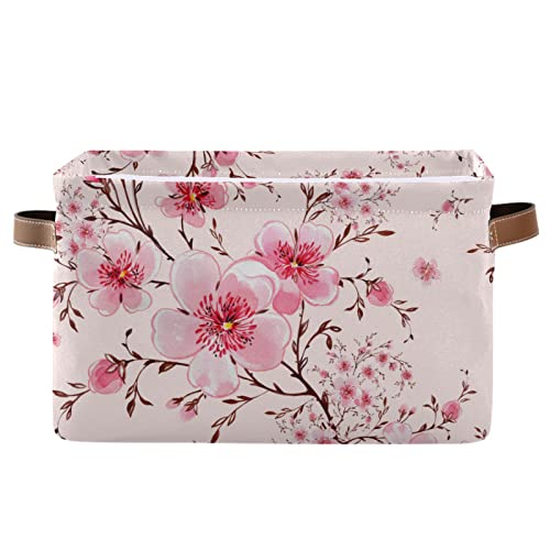 Cherry Blossom Basket Large Foldable Storage Bin Pink Flowers Canvas Toys Box Fabric Decorative Collapsible Organizer Bag with Handles for Bedroom Home