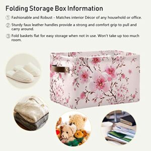 Cherry Blossom Basket Large Foldable Storage Bin Pink Flowers Canvas Toys Box Fabric Decorative Collapsible Organizer Bag with Handles for Bedroom Home