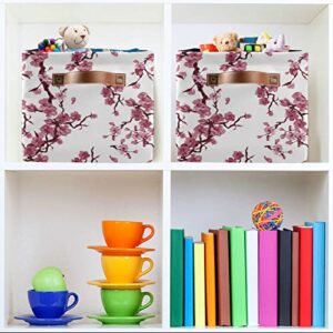 Pink Flowers White Storage Baskets Large Foldable Storage Bin Canvas Toys Box Fabric Decorative Collapsible Organizer Bag with Handles 2 Pcs