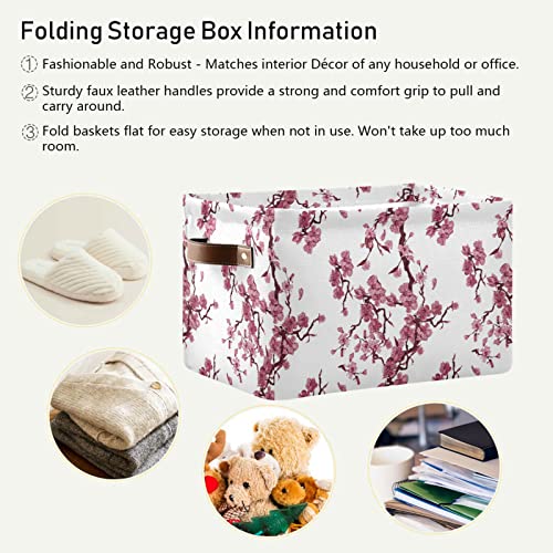 Pink Flowers White Storage Baskets Large Foldable Storage Bin Canvas Toys Box Fabric Decorative Collapsible Organizer Bag with Handles 2 Pcs