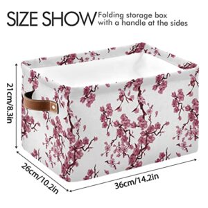 Pink Flowers White Storage Baskets Large Foldable Storage Bin Canvas Toys Box Fabric Decorative Collapsible Organizer Bag with Handles 2 Pcs