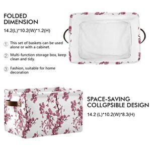 Pink Flowers White Storage Baskets Large Foldable Storage Bin Canvas Toys Box Fabric Decorative Collapsible Organizer Bag with Handles 2 Pcs