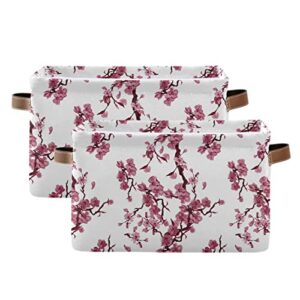 Pink Flowers White Storage Baskets Large Foldable Storage Bin Canvas Toys Box Fabric Decorative Collapsible Organizer Bag with Handles 2 Pcs