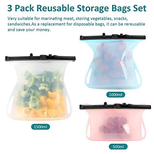 Silicone Reusable Food Storage Bags, AiKanbo 3 Pack Airtight Seal Food Preservation Bags, 100% Stand-Up,Airtight Seal and Leak Proof, Clear 51oz /Pink 17oz /Sky Blue 34oz