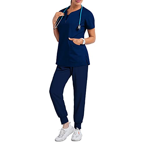 Jogger Scrubs for Women Set Stretchy Clearance Athletic Nurse Medical Uniform Workwear Clothes Elastic Top&Pants Suit (Navy Blue,Large,Large)