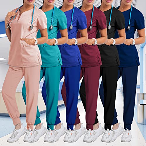 Jogger Scrubs for Women Set Stretchy Clearance Athletic Nurse Medical Uniform Workwear Clothes Elastic Top&Pants Suit (Navy Blue,Large,Large)