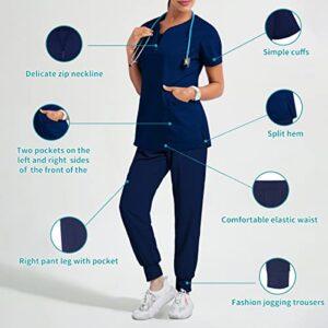 Jogger Scrubs for Women Set Stretchy Clearance Athletic Nurse Medical Uniform Workwear Clothes Elastic Top&Pants Suit (Navy Blue,Large,Large)