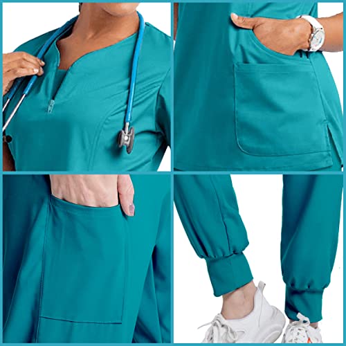 Jogger Scrubs for Women Set Stretchy Clearance Athletic Nurse Medical Uniform Workwear Clothes Elastic Top&Pants Suit (Navy Blue,Large,Large)