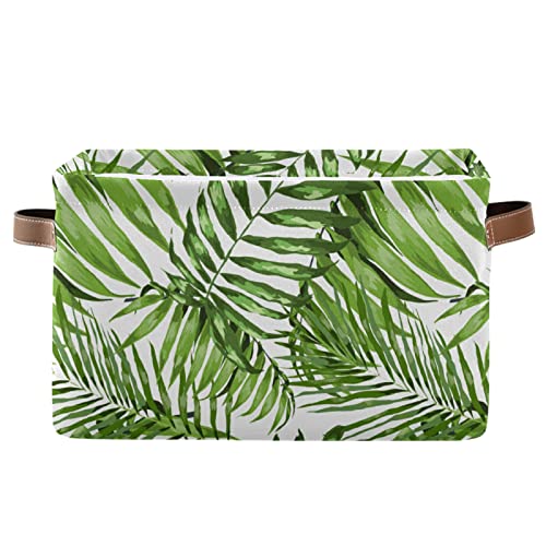 Large Foldable Storage Basket Palm Tree Exotic Tropical Plant Storage Bin Canvas Toys Box Fabric Decorative Collapsible Organizer Bag with Handles for Bedroom Home