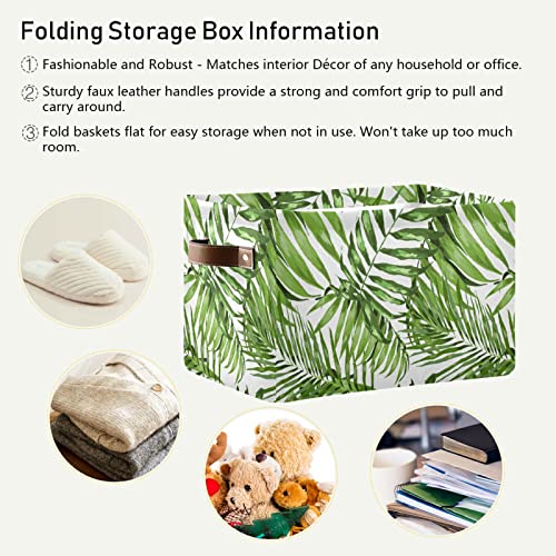 Large Foldable Storage Basket Palm Tree Exotic Tropical Plant Storage Bin Canvas Toys Box Fabric Decorative Collapsible Organizer Bag with Handles for Bedroom Home