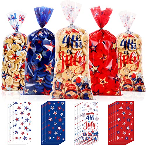 100Pcs Patriotic Decorations 4th of July Party Cellophane Treat Bags,Red Blue Stars Plastic Goodie Bags Candy Favor Bags with Silver Twist Ties for American Patriotic Day Veterans Day Party Supplies