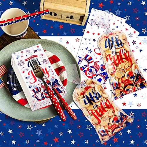 100Pcs Patriotic Decorations 4th of July Party Cellophane Treat Bags,Red Blue Stars Plastic Goodie Bags Candy Favor Bags with Silver Twist Ties for American Patriotic Day Veterans Day Party Supplies