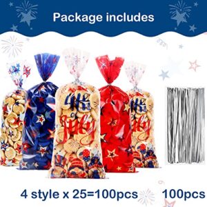 100Pcs Patriotic Decorations 4th of July Party Cellophane Treat Bags,Red Blue Stars Plastic Goodie Bags Candy Favor Bags with Silver Twist Ties for American Patriotic Day Veterans Day Party Supplies