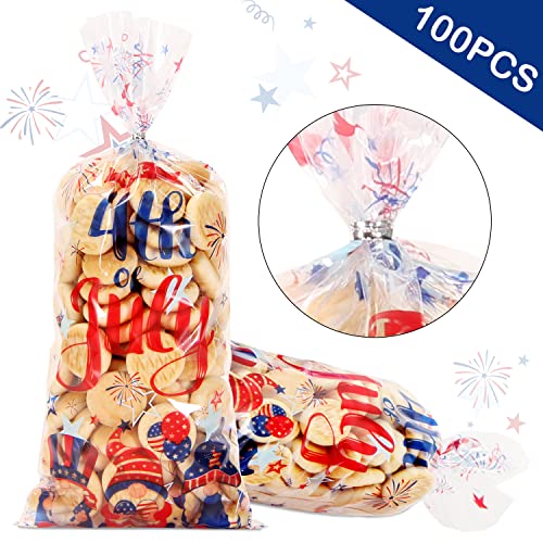 100Pcs Patriotic Decorations 4th of July Party Cellophane Treat Bags,Red Blue Stars Plastic Goodie Bags Candy Favor Bags with Silver Twist Ties for American Patriotic Day Veterans Day Party Supplies