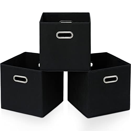 STOREONE Black Fabric Storage Bins Cubes Baskets Containers-(11X11X11") with Dual Handles Cube Storage Organizer Bins for Shelf Closet, Bedroom Organizers, Foldable Set of 3 (Black )