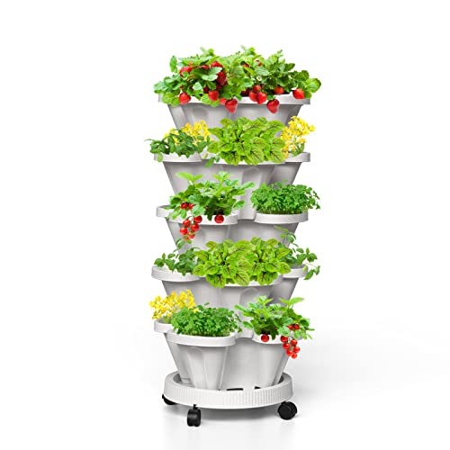 Tectsia Strawberry Vertical Planters, 5 Tiered Stacking Tower Garden, Stackable Herb Vegetable Planters with Movable Casters and Bottom Saucer Indoor and Outdoor - White