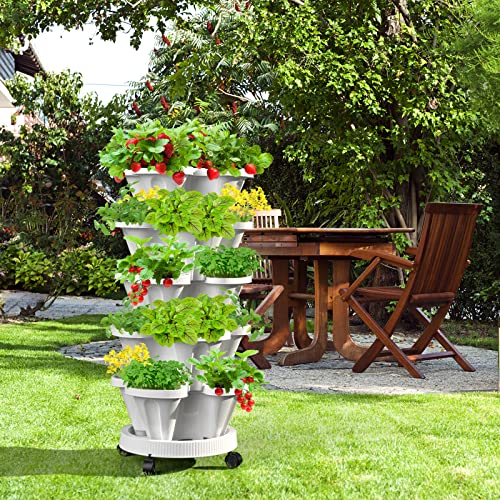 Tectsia Strawberry Vertical Planters, 5 Tiered Stacking Tower Garden, Stackable Herb Vegetable Planters with Movable Casters and Bottom Saucer Indoor and Outdoor - White