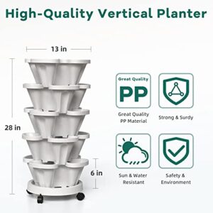 Tectsia Strawberry Vertical Planters, 5 Tiered Stacking Tower Garden, Stackable Herb Vegetable Planters with Movable Casters and Bottom Saucer Indoor and Outdoor - White