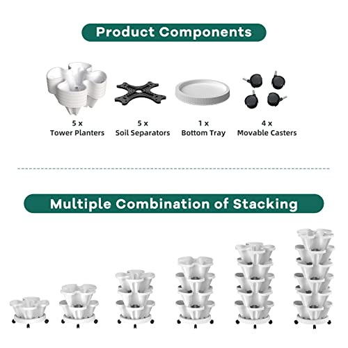 Tectsia Strawberry Vertical Planters, 5 Tiered Stacking Tower Garden, Stackable Herb Vegetable Planters with Movable Casters and Bottom Saucer Indoor and Outdoor - White