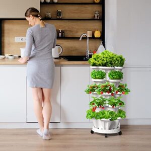 Tectsia Strawberry Vertical Planters, 5 Tiered Stacking Tower Garden, Stackable Herb Vegetable Planters with Movable Casters and Bottom Saucer Indoor and Outdoor - White